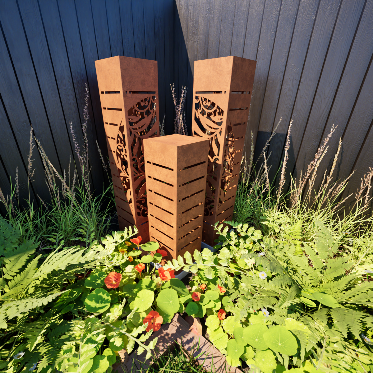 Corten Steel Garden Ornament – The Flora Set | Day & Night Garden Art ...